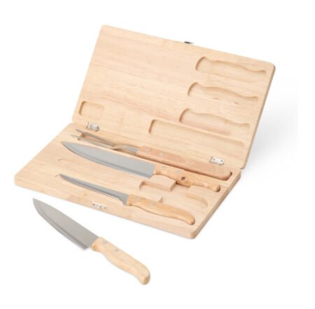 Kit facas churrasco e garfo com estojo em madeira